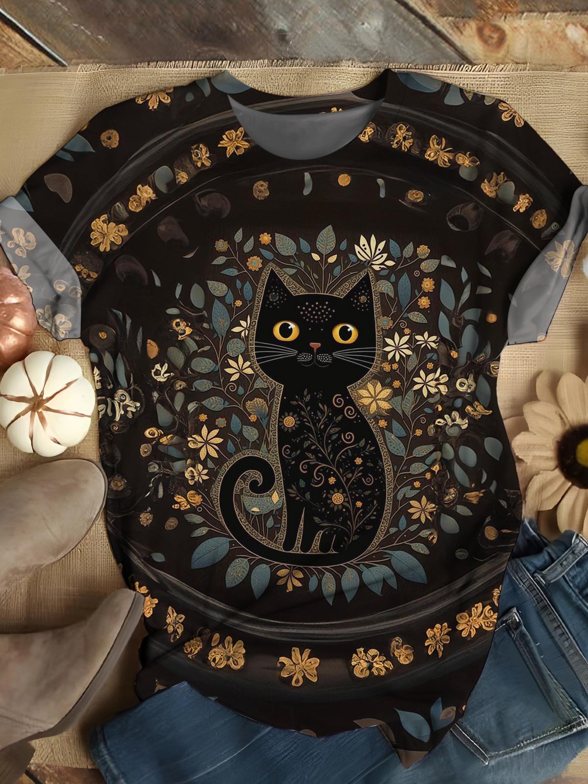 Vintage Flower Cat Crew Neck T-shirt – wondermens